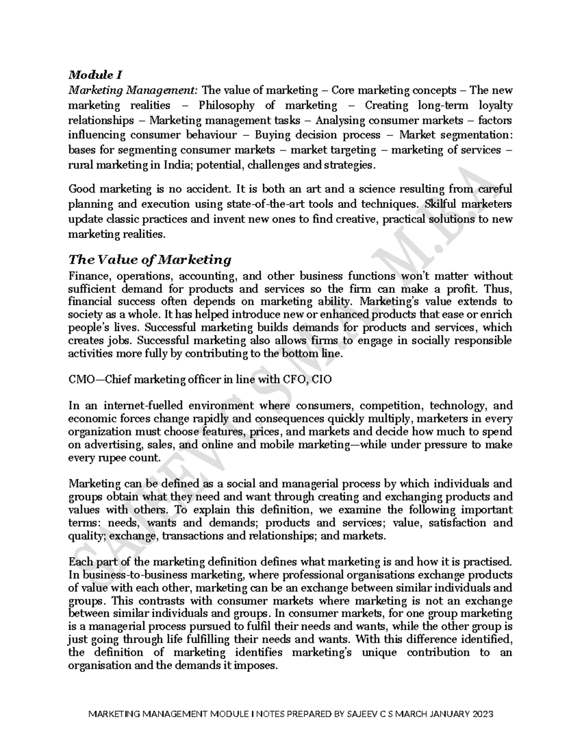 marketing management module 1 notes - Module I Marketing Management ...