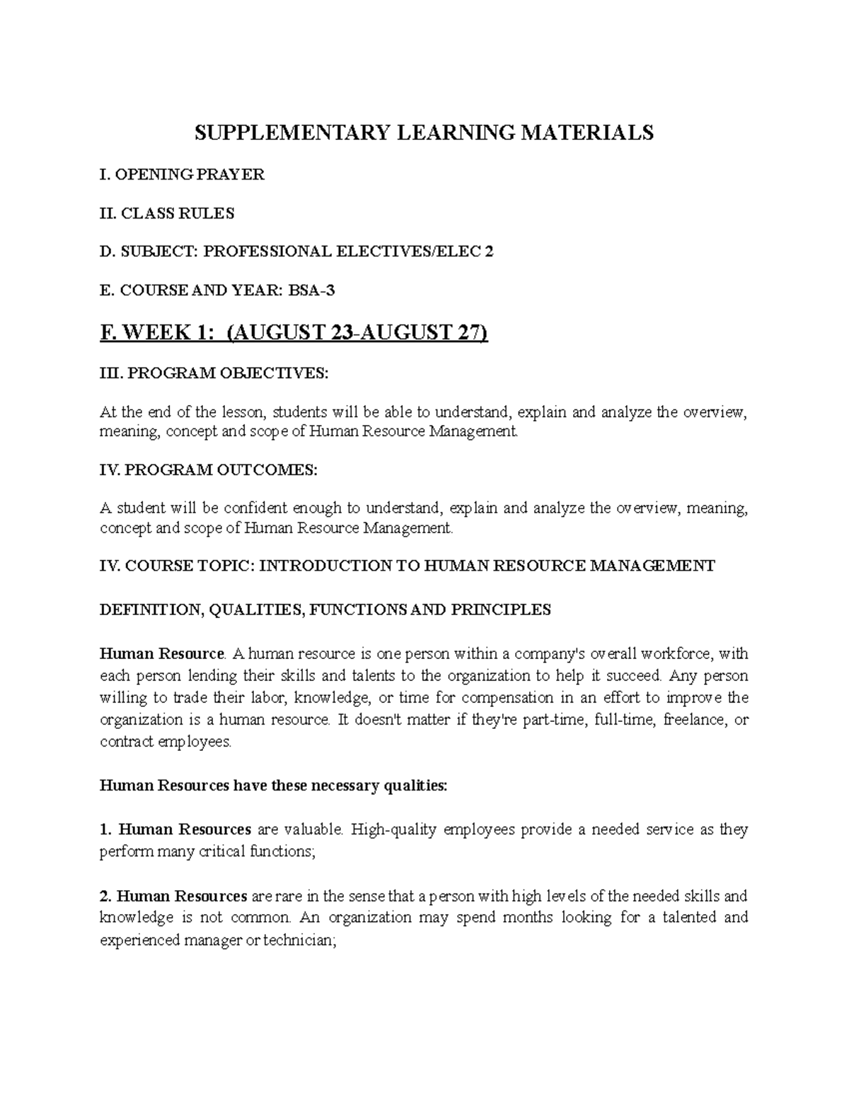 Professional- Electives-2 HUMAN RESOURCES - Accountancy - Studocu