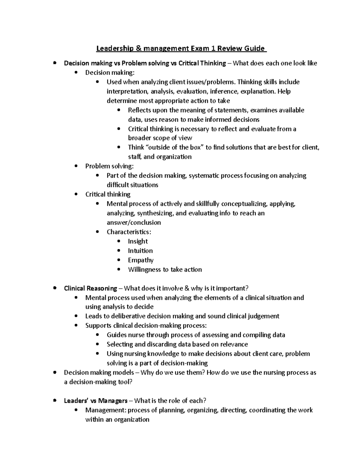 NSG 4552 Exam 1 Review ATI - Leadership & management Exam 1 Review ...