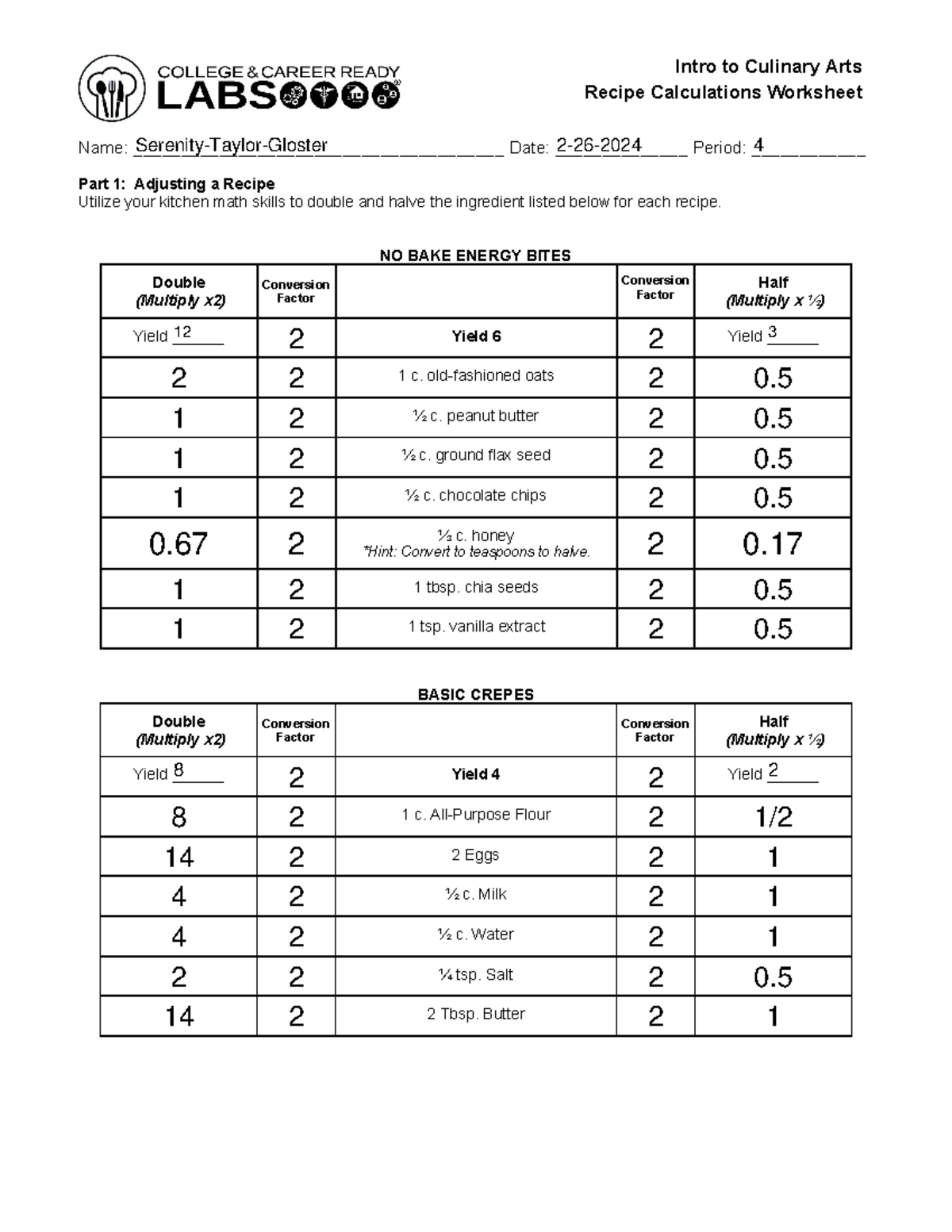 Recipe Calculations Worksheet - Name ...