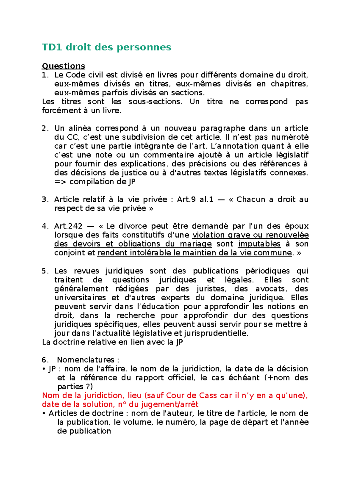 Droit des personnes - TD1 droit des personnes Questions Le Code civil ...