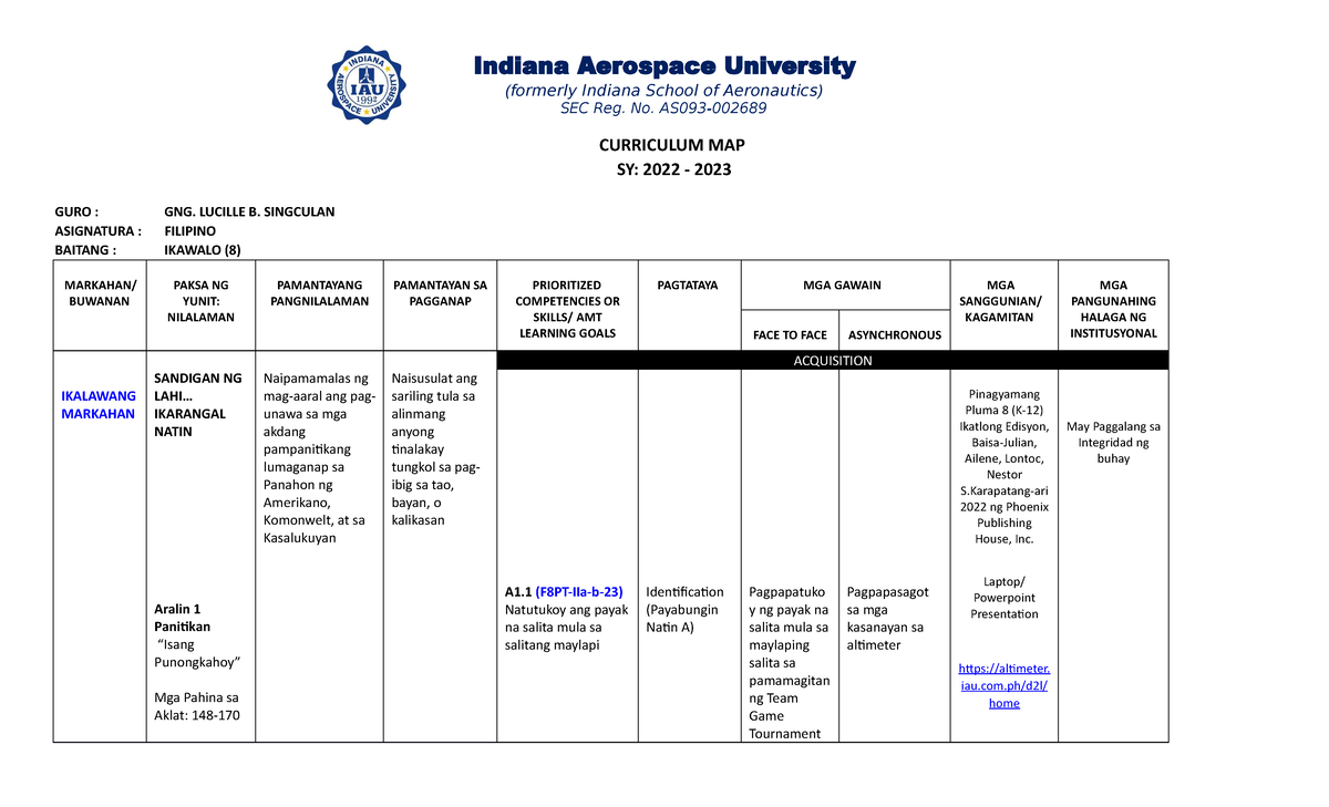 FIL8.2 Curriculum-Map-2022-2023 - Indiana Aerospace University ...