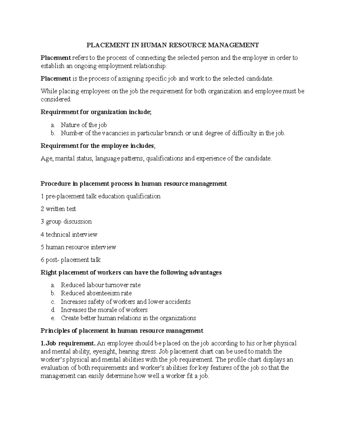 Placement - PLACEMENT IN HUMAN RESOURCE MANAGEMENT Placement refers to ...