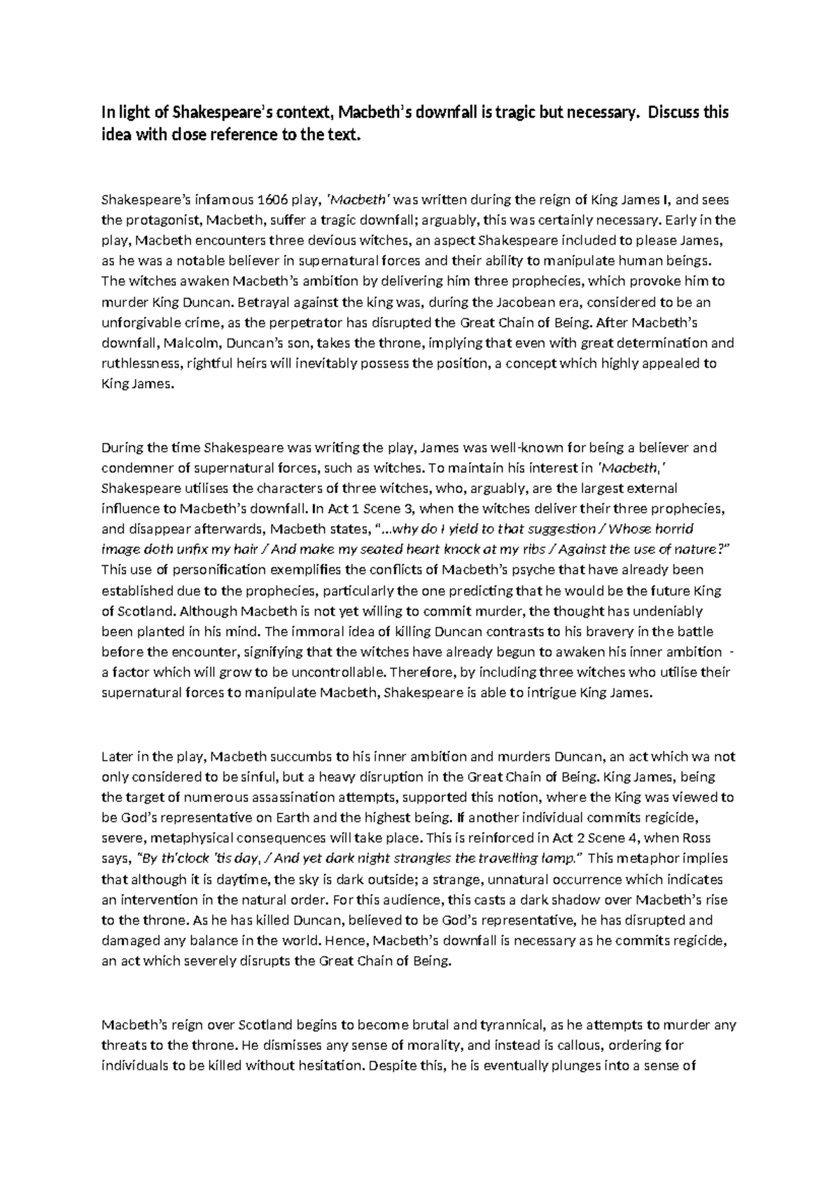 Macbeth Timed Essay - In light of Shakespeare’s context, Macbeth’s ...