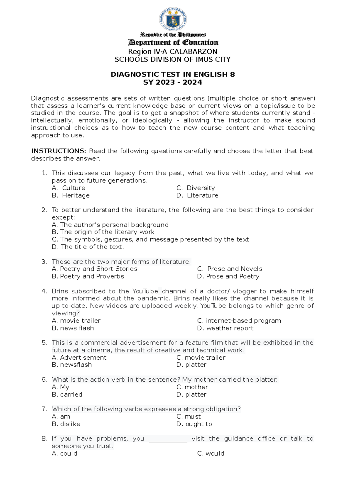 Diagnostic TEST IN English 8 - Region IV-A CALABARZON SCHOOLS DIVISION ...