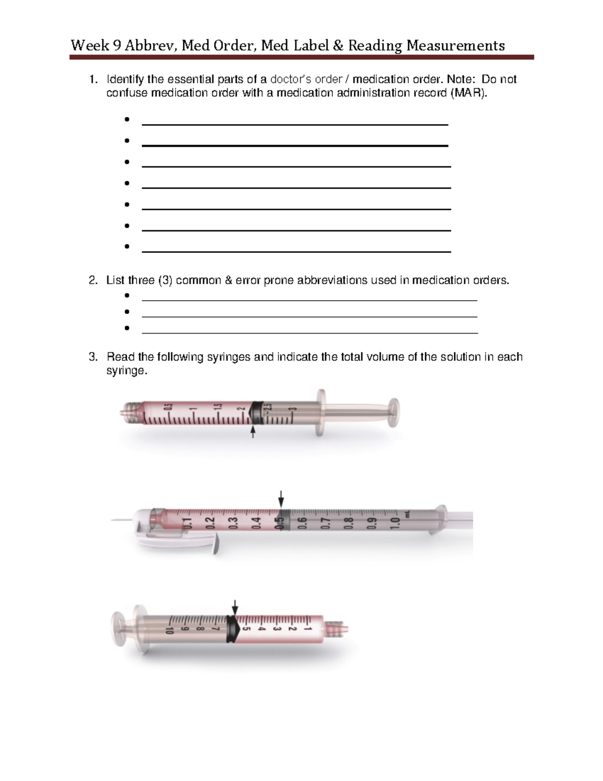 Week 9 Abbrev, Med Order, Med Label & Reading Measurements - Week 9 ...