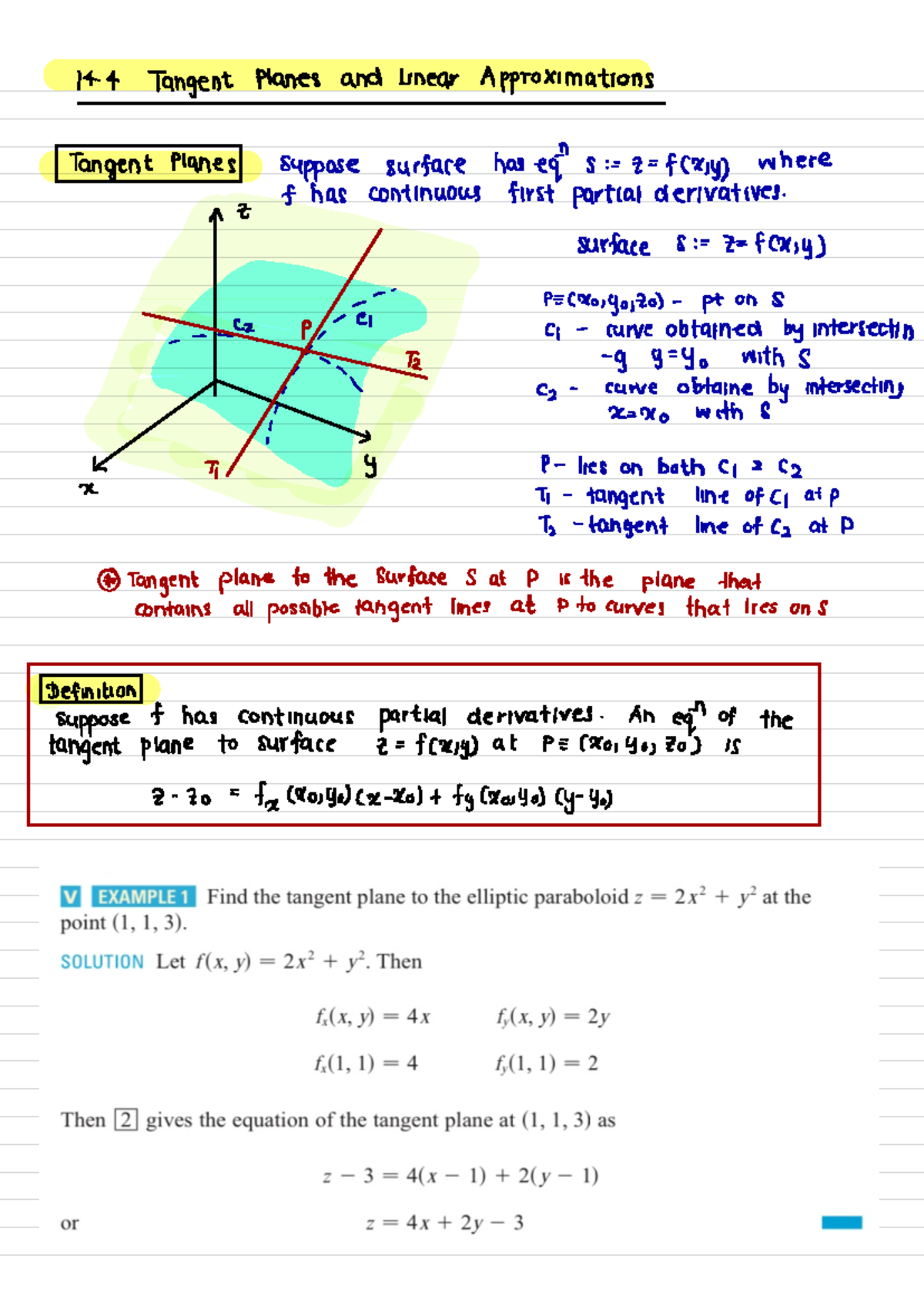 14. 5 - Notes - 14. 4 Tangent Planes and Linear Approximations n ...