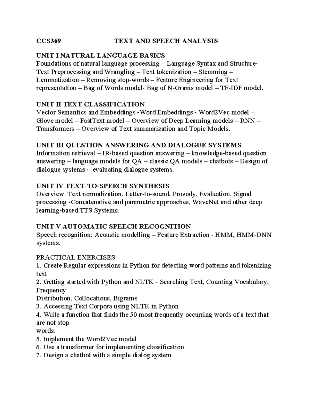 Sllabus - Nothing - CCS369 TEXT AND SPEECH ANALYSIS UNIT I NATURAL ...