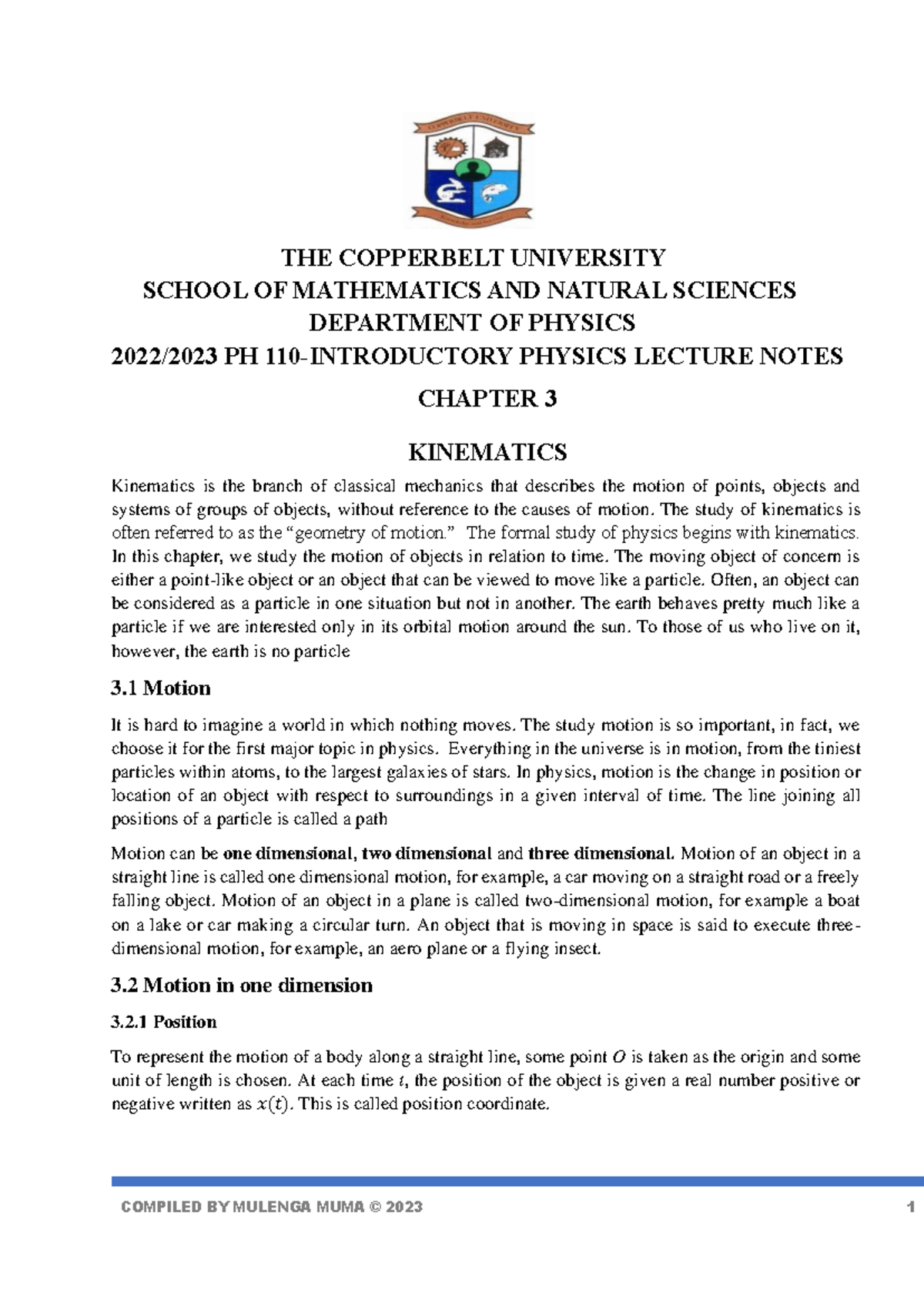 Chapter 3 Kinematics -2023 Notes - THE COPPERBELT UNIVERSITY SCHOOL OF ...
