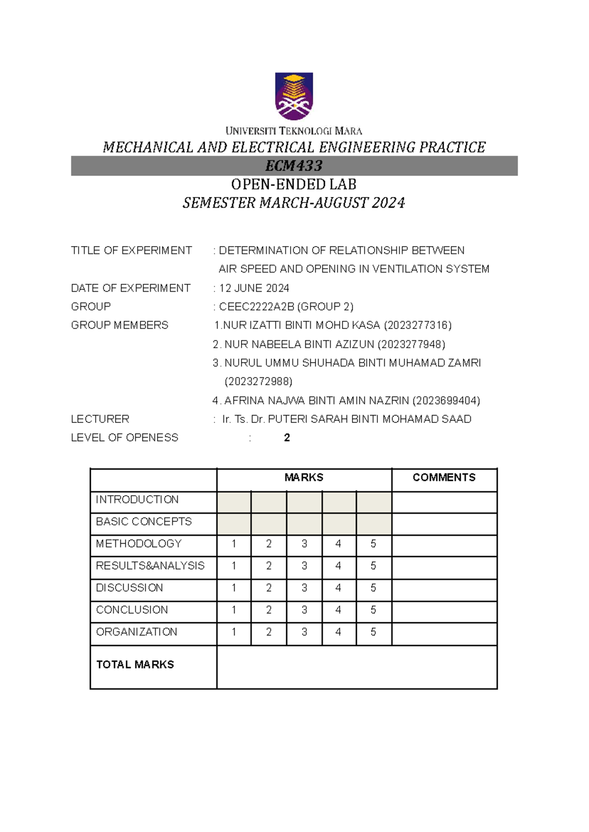 LAB Ventilation - lab report - MECHANICAL AND ELECTRICAL ENGINEERING ...