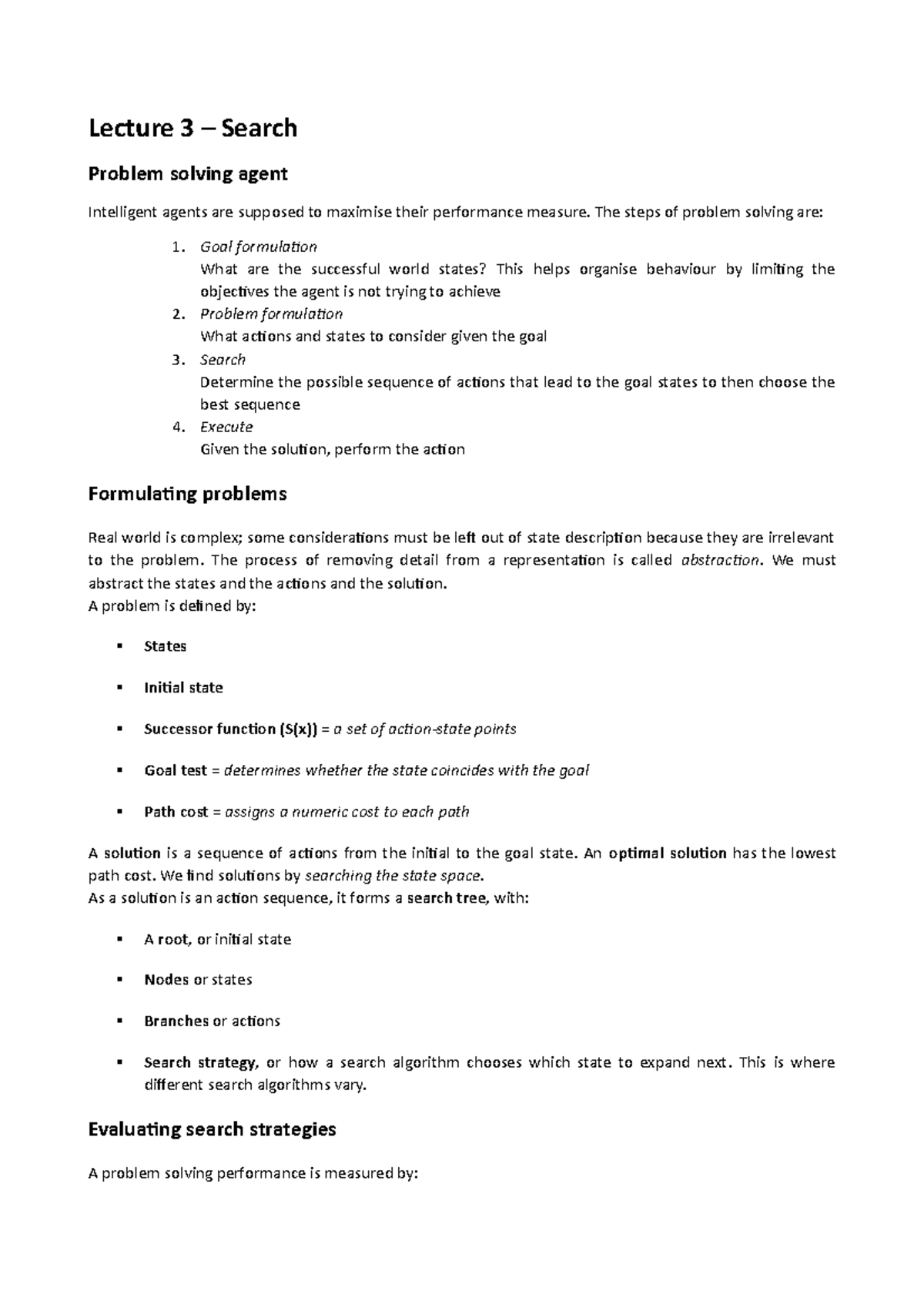 Lecture 3 - Search - Lecture 3 – Search Problem solving agent ...