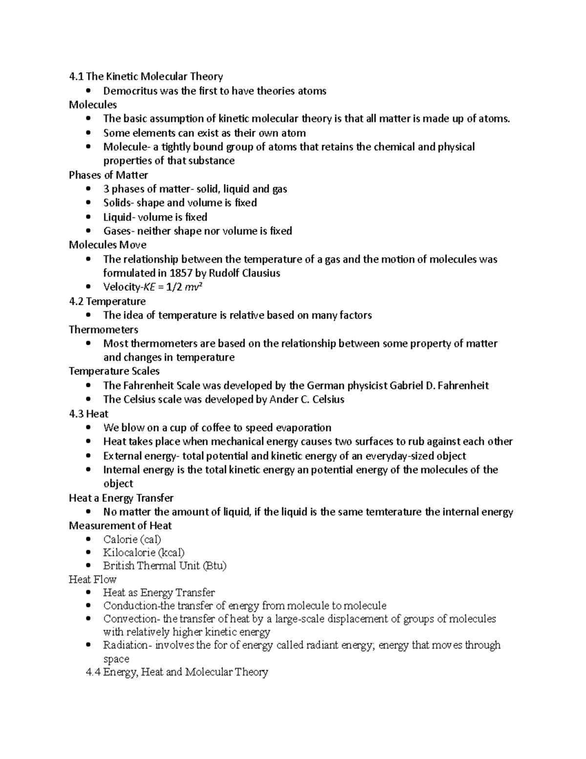 Chapter 4 Notes-Physical Science - 4 The Kinetic Molecular Theory ...