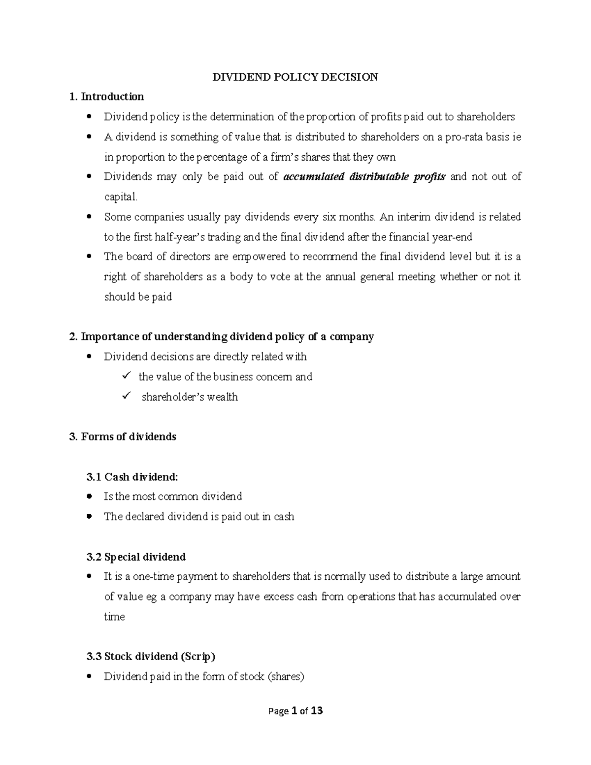 Dividend Policy Decision - DIVIDEND POLICY DECISION 1. Introduction ...
