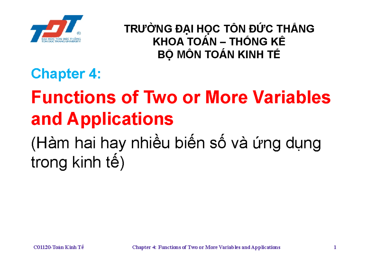 TKTchuong4 -20222023 - Chapter 4: Functions of Two or More Variables and Applications (Hàm hai ...