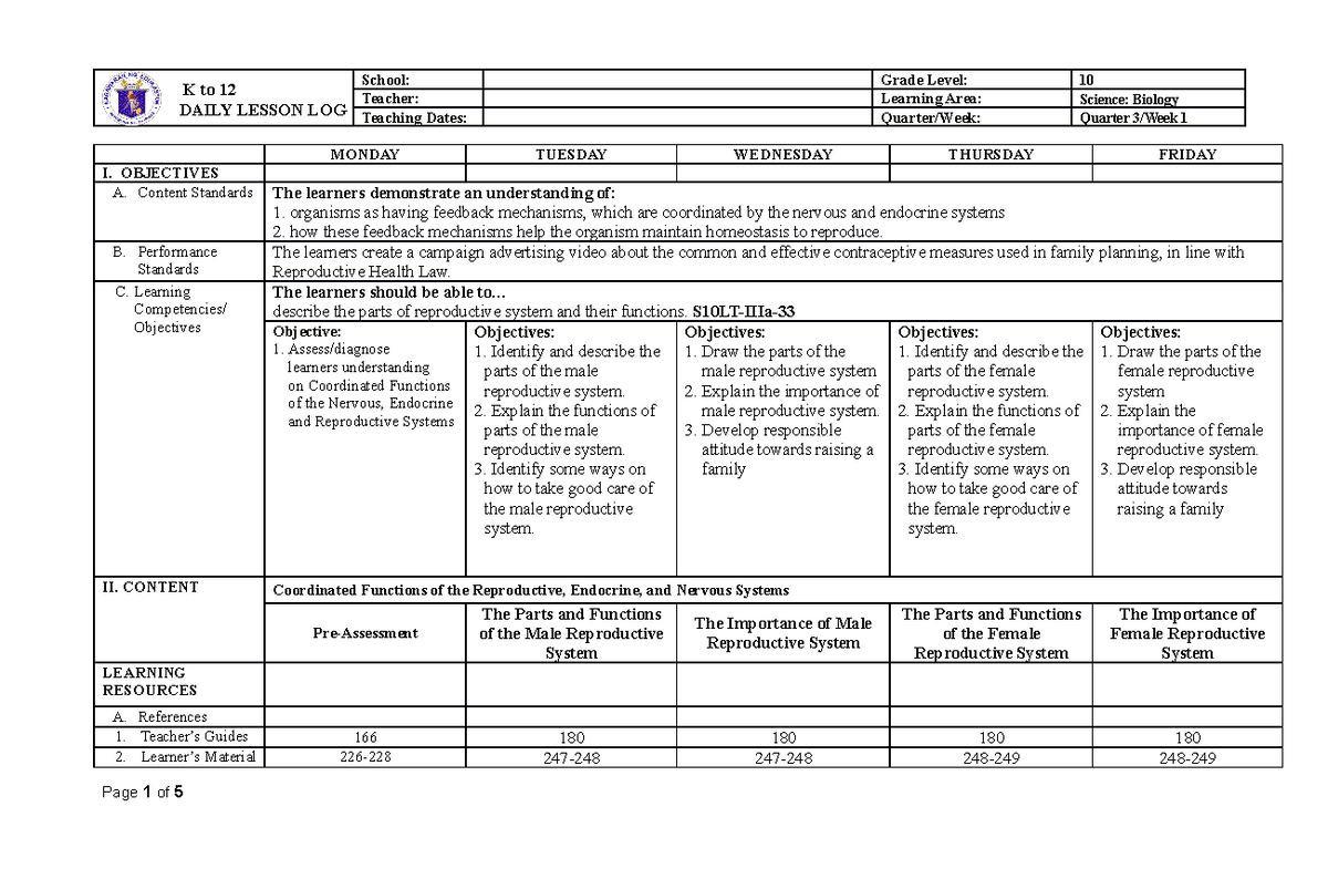 S10LT-IIIa-33-week 1 - dll - K to 12 DAILY LESSON LOG School: Grade ...
