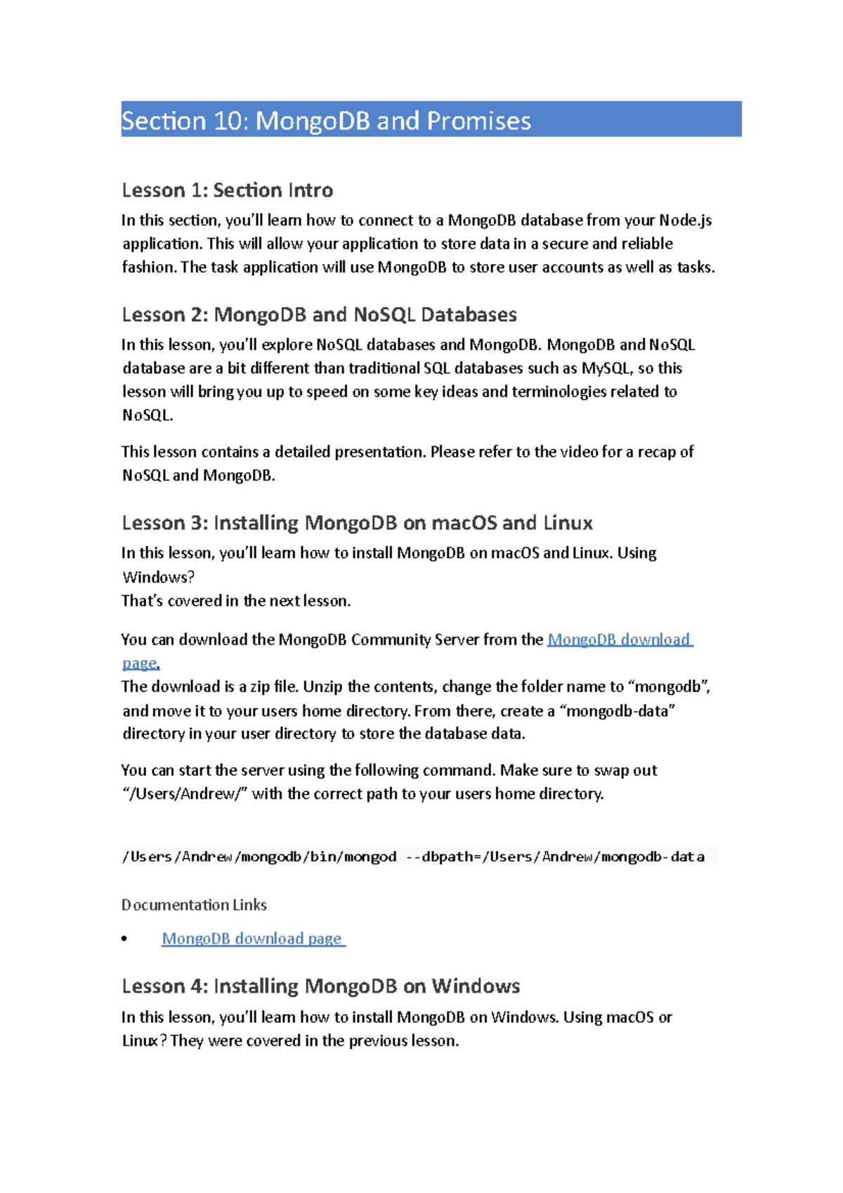 Nodejs 5 Notes Section 10 Mongodb And Promises Lesson 1 Section Intro In This Section You 