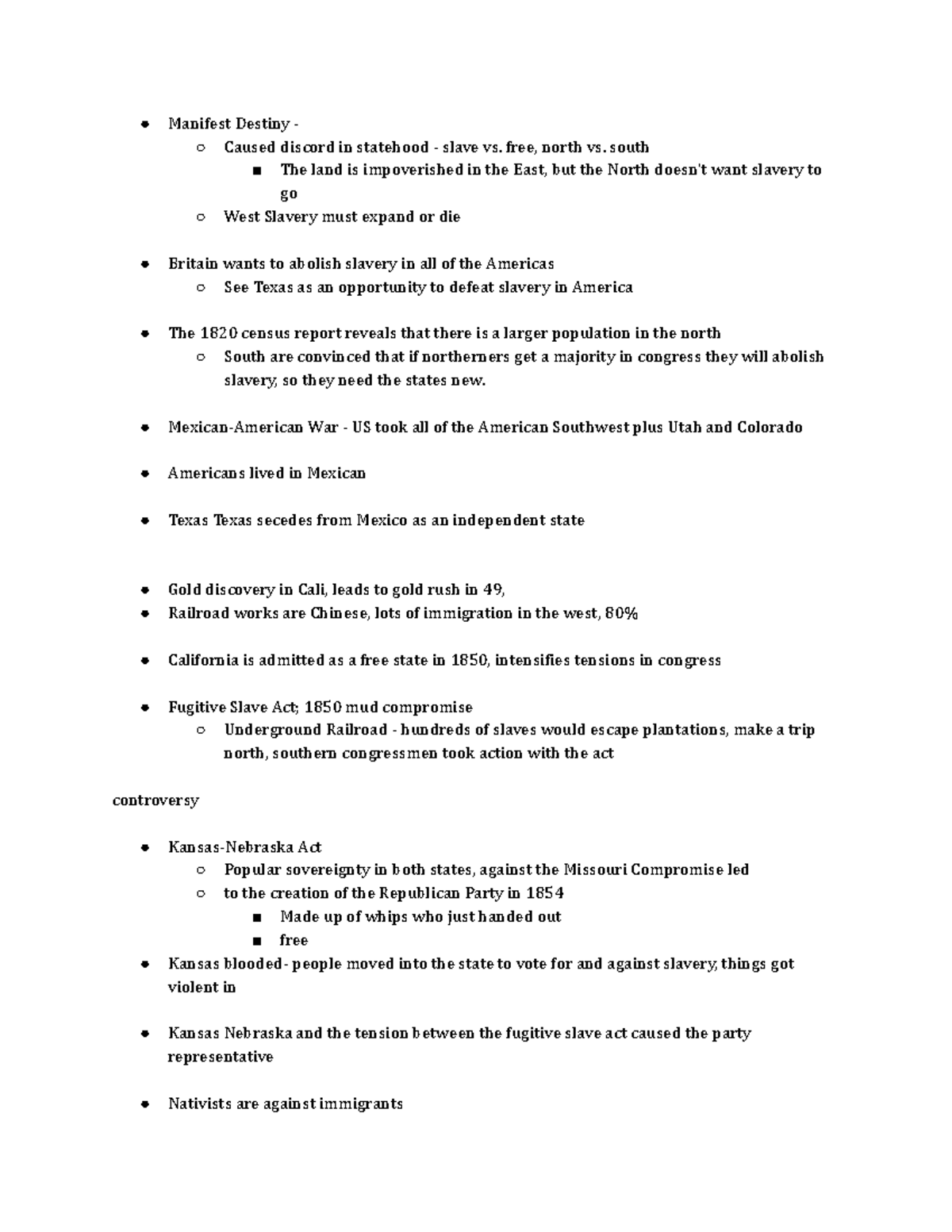 Civil War and Reconstruction Lecture Notes - Manifest Destiny - Caused ...