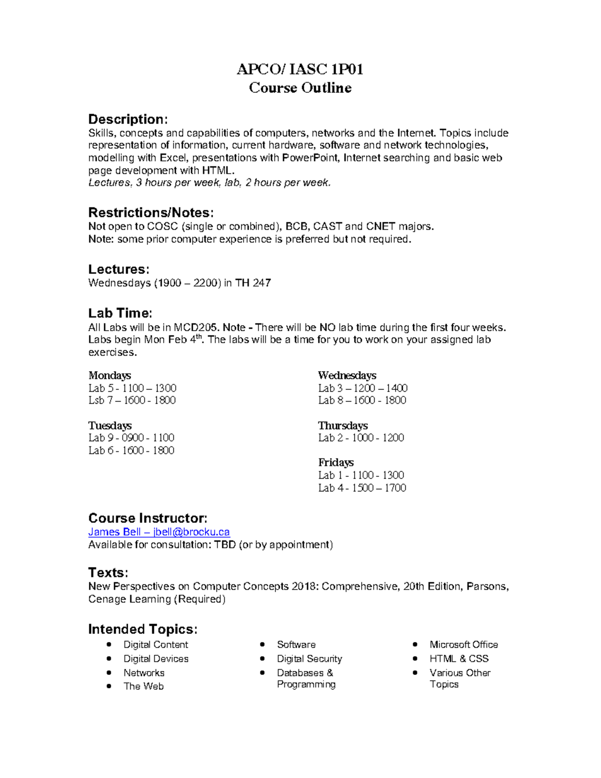 1P01Outline - Winter 2019 - APCO/ IASC 1P Course Outline Description ...