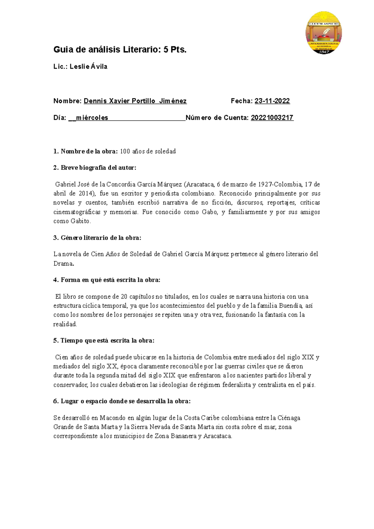 Guia de analisis Literario - Lic.: Leslie Ávila Nombre: Dennis Xavier ...