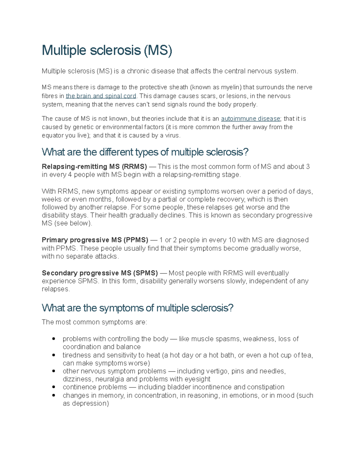 Multiple sclerosis - DISEASE - Multiple sclerosis (MS) Multiple ...