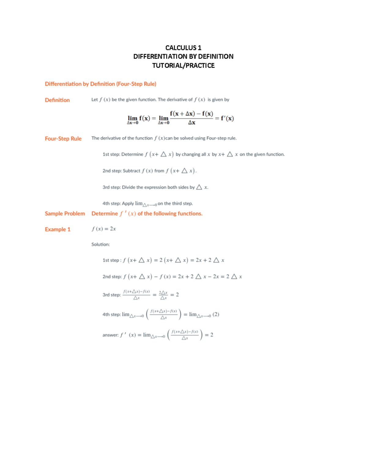 Calculus 1 (Differentiation BY Definition) - Calculus 1 - CALCULUS 1 ...