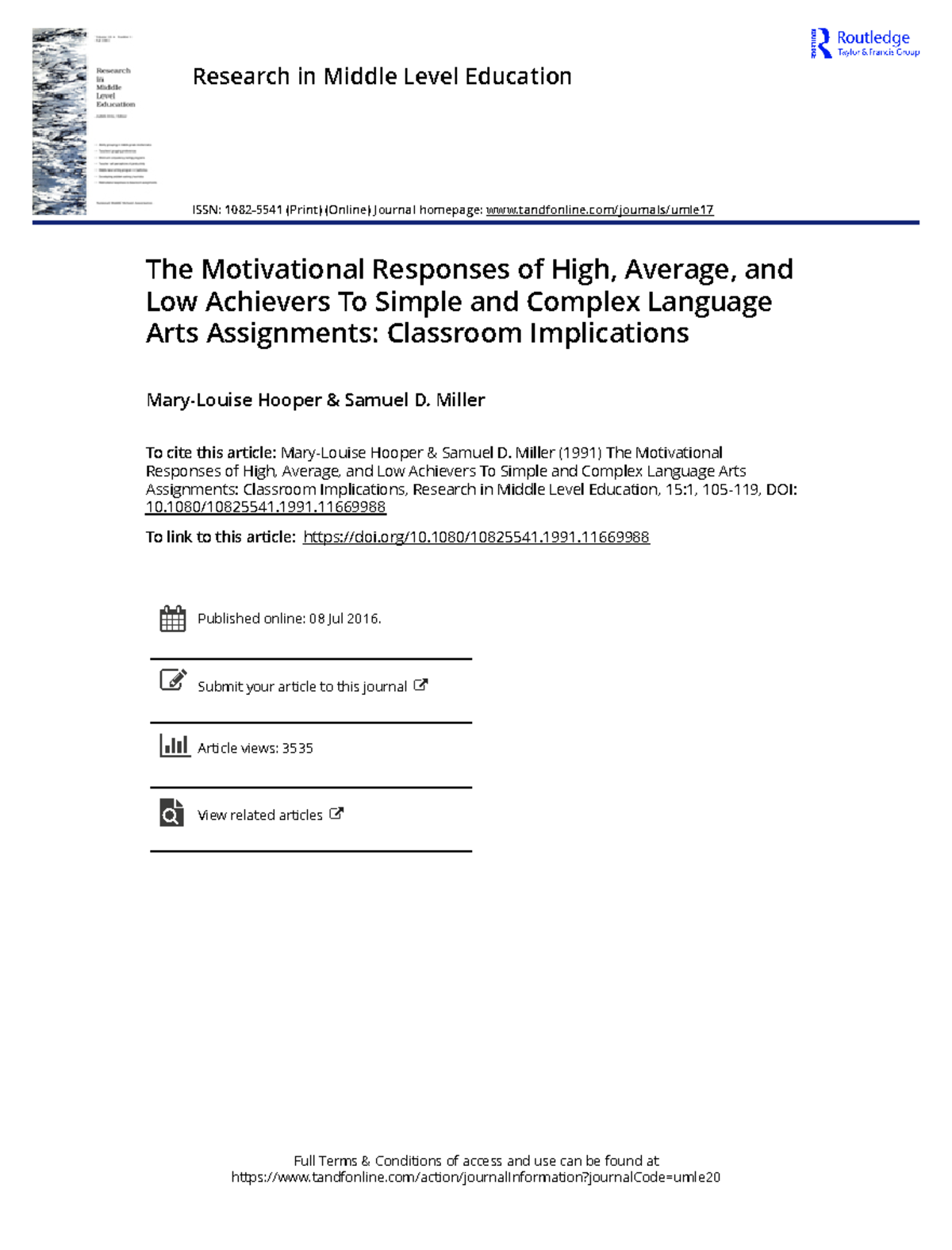 The Motivational Responses of High Average and Low Achievers To Simple ...
