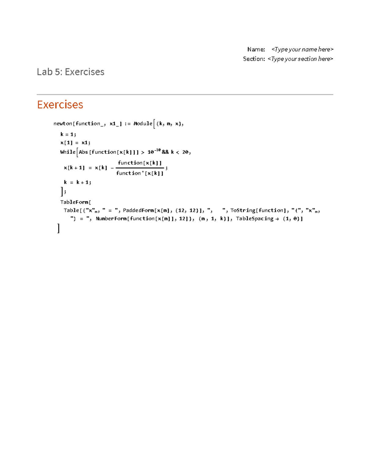 Lab 5 - Wolfram Mathematica Lab - Name: Section: