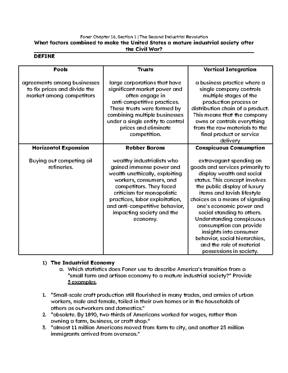 Foner Ch 16- Sec 1 & 2- Reading Guide - Foner Chapter 16, Section 1 | The Second Industrial ...