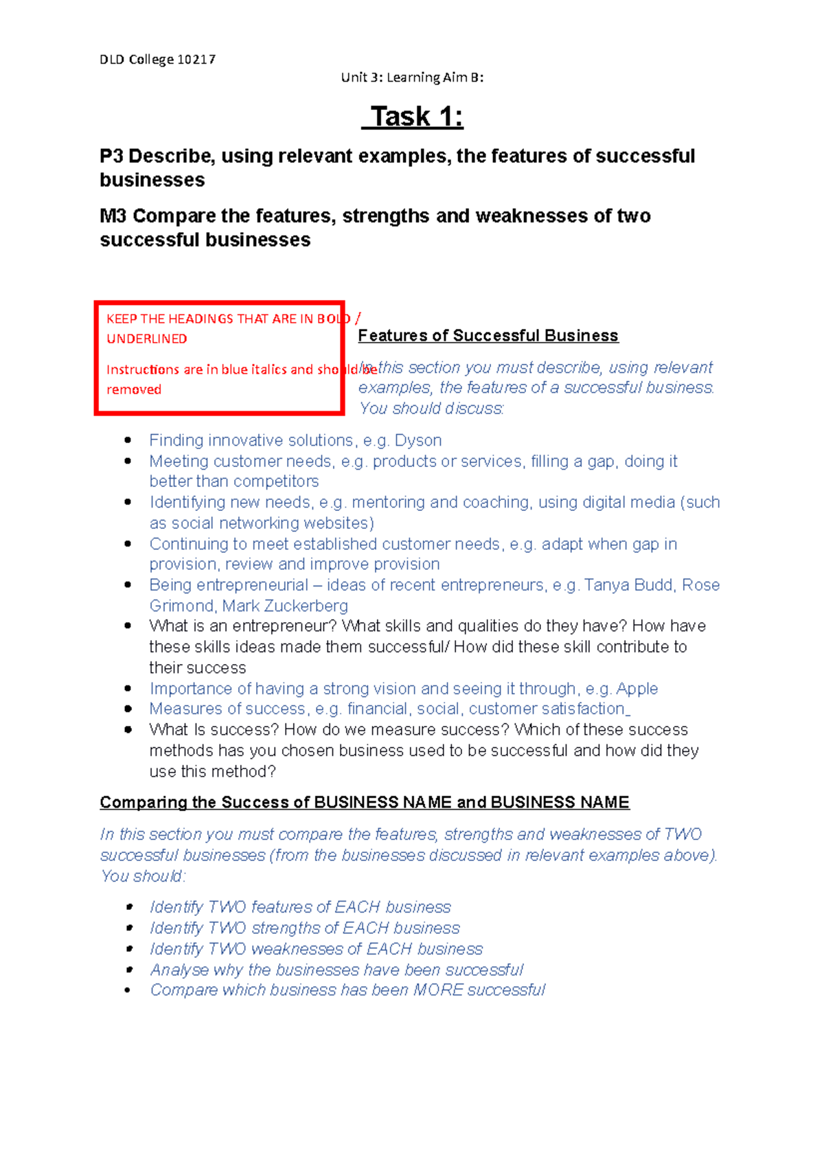 Btec Unit 3 Level 2 Learning Aim B Task 1 - DLD College 10217 Unit 3 ...