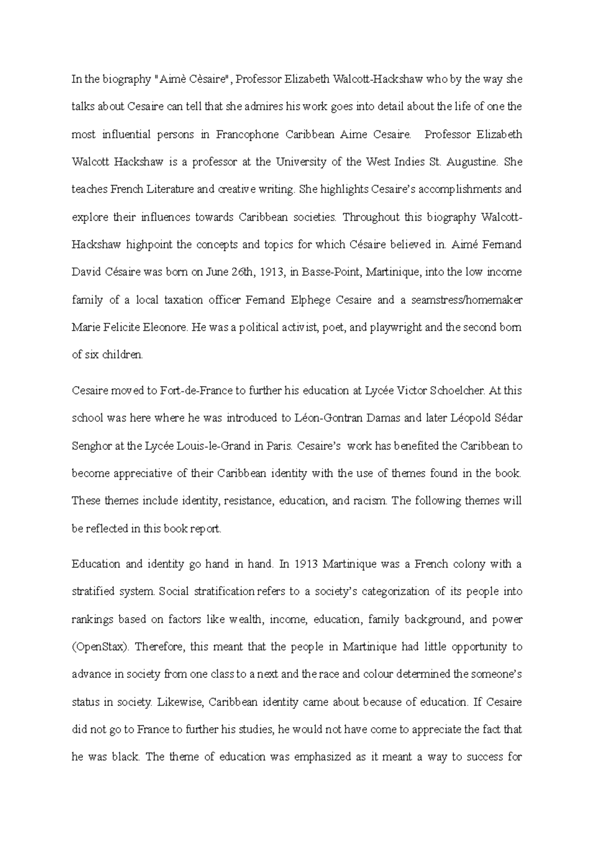 In the biography - Lecture Notes - In the biography "Aimè Cèsaire ...