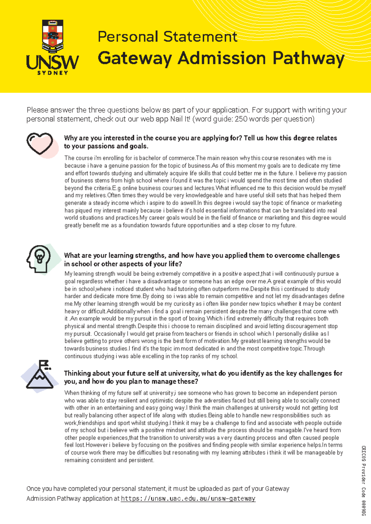 UNSW-Gateway-PS - good - Personal Statement Gateway Admission Pathway ...