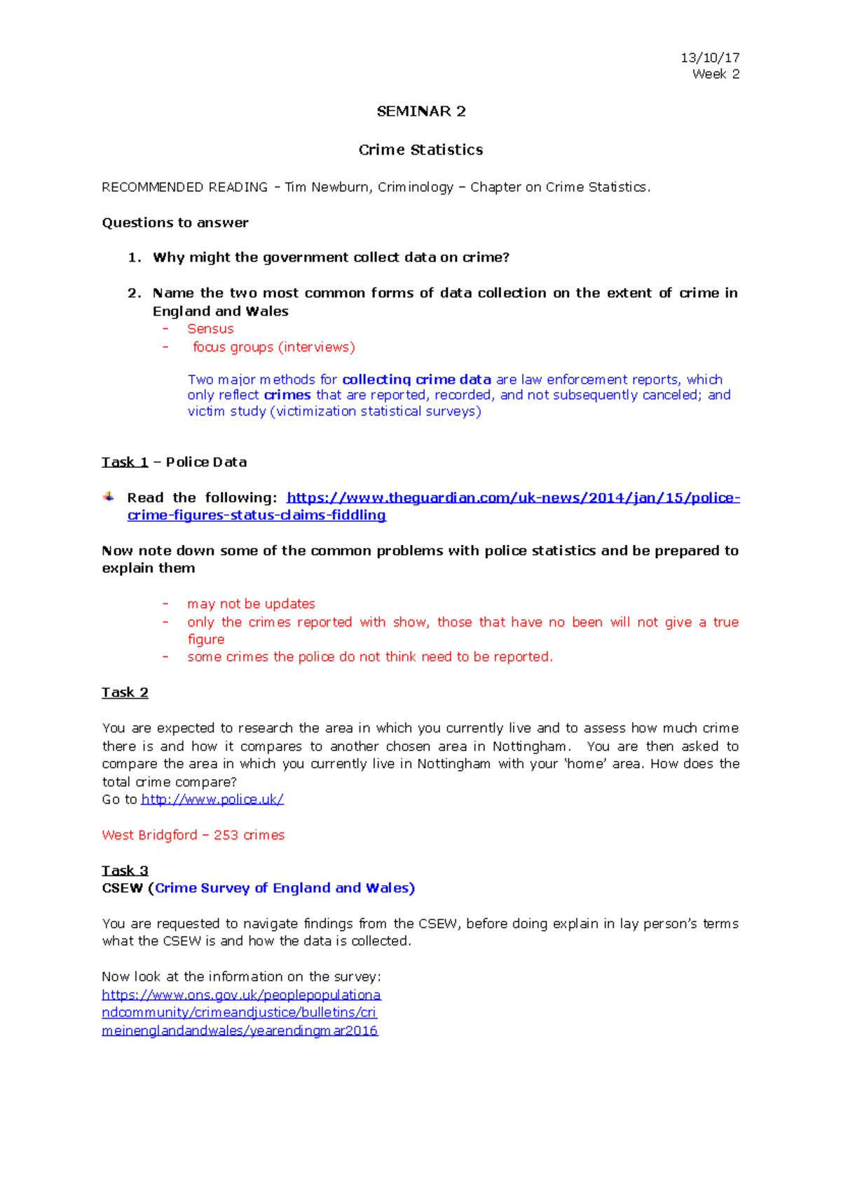 Crime Statistics Seminar - 13/10/17Week 2 SEMINAR 2 Crime Statistics ...