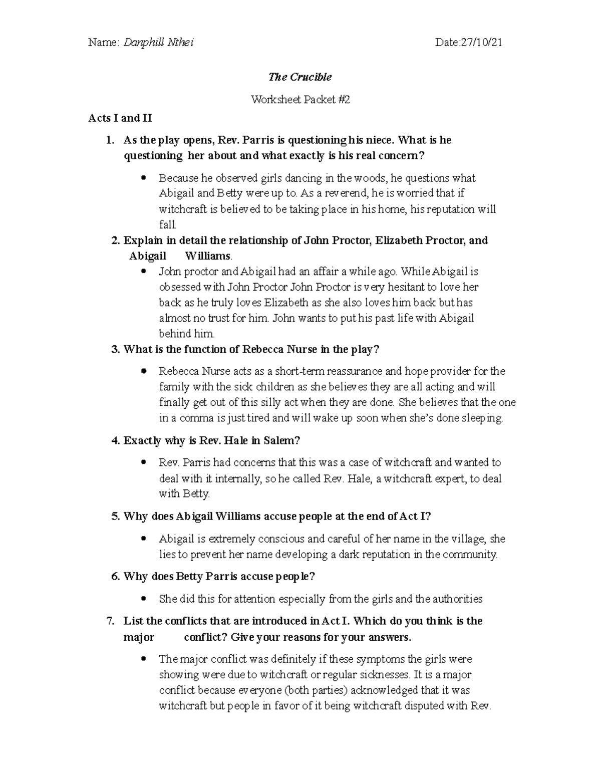The Crucible worksheet - Name: Danphill Nthei Date:27/10/ Acts I and II ...