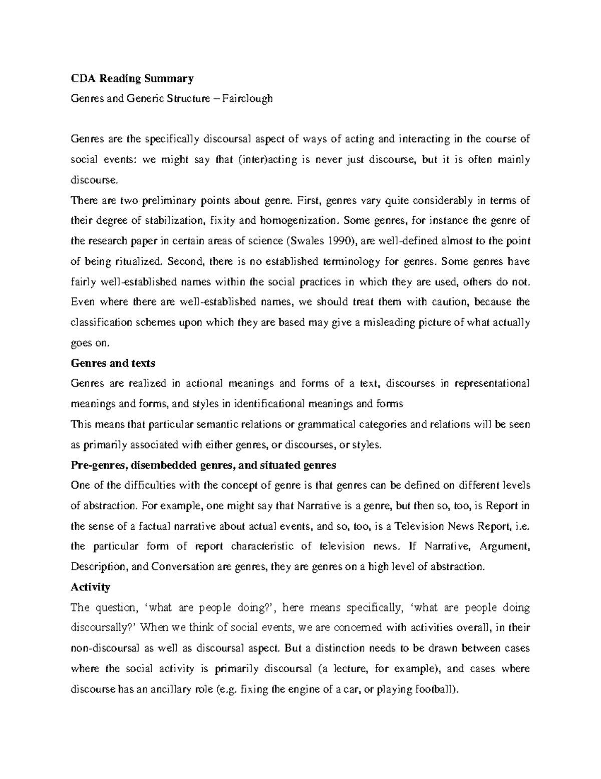 Summary 'Genres and Generic Structures' - CDA Reading Summary Genres ...