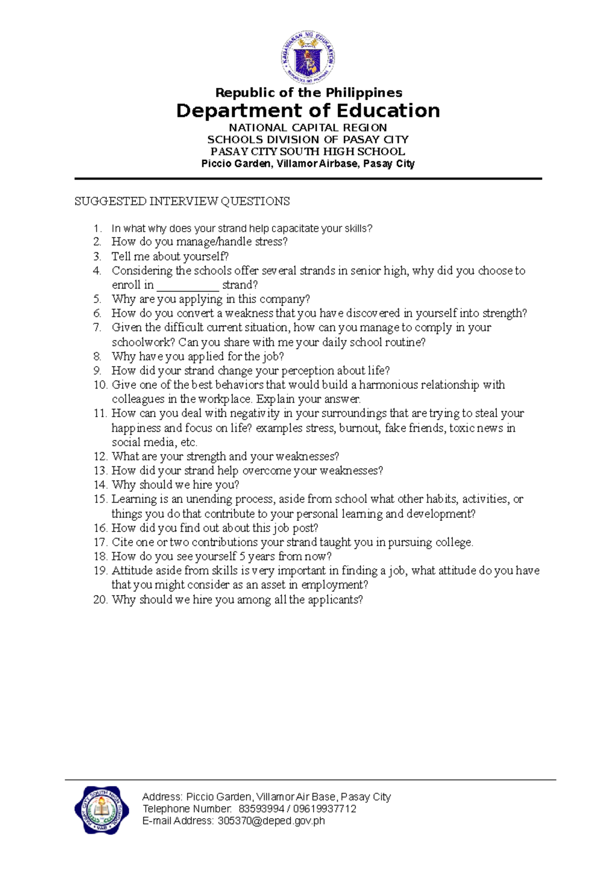 Suggested Interview Questions Responses - Republic of the Philippines ...