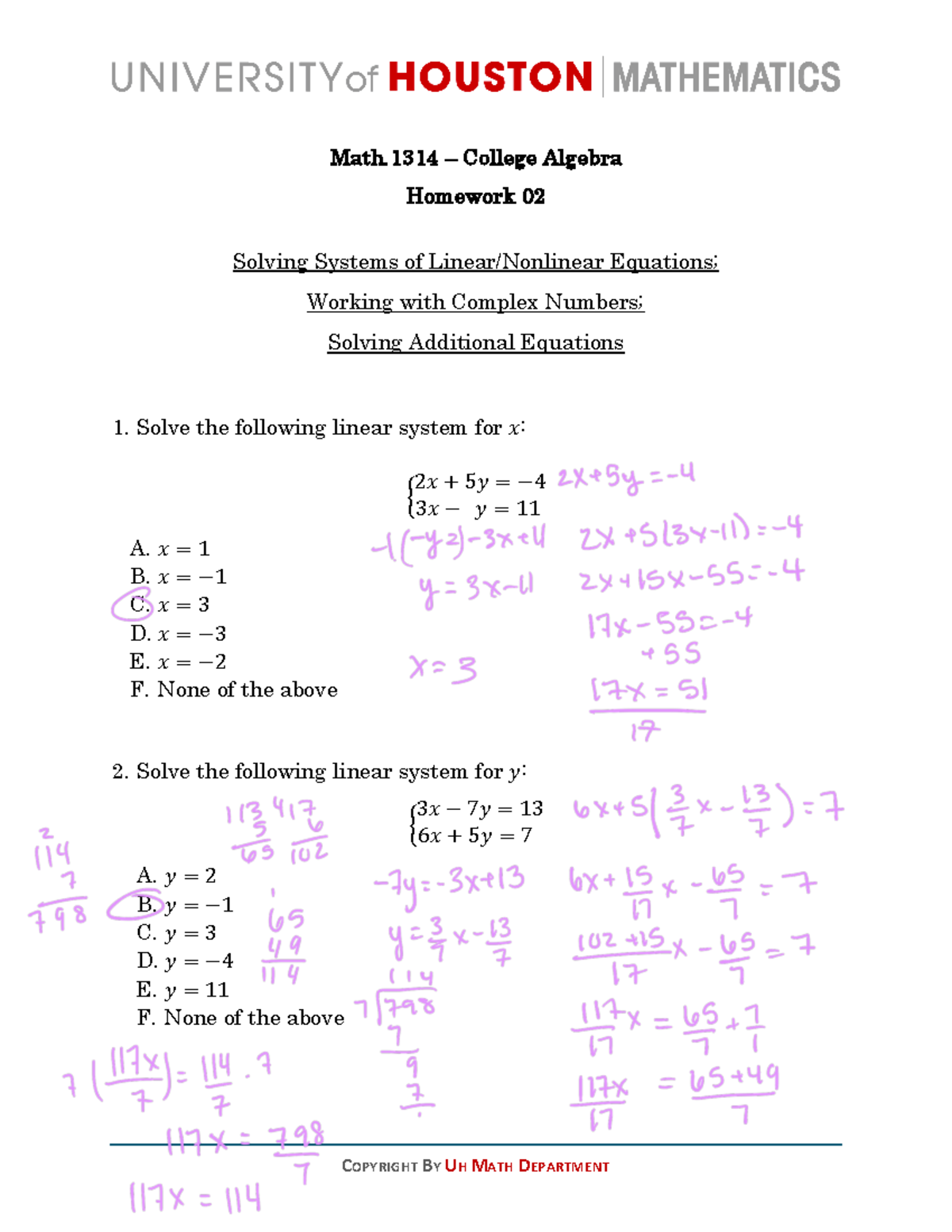 Homework 02 - Math – College Algebra Homework 02 Solving Systems of ...