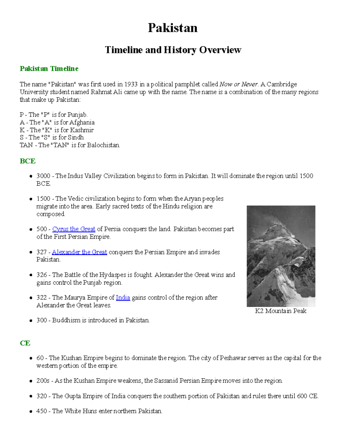 Pakistan History and Timeline Overview - K2 Mountain Peak Pakistan ...