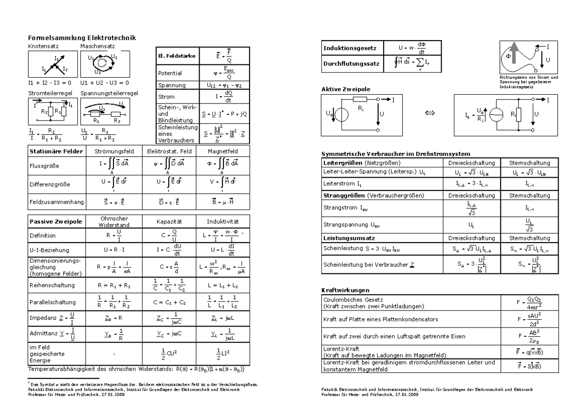 Formelsammlung Elektrotechnik - U3 Potential I1 I2 I3 0 U1 U2 U3 0 ...