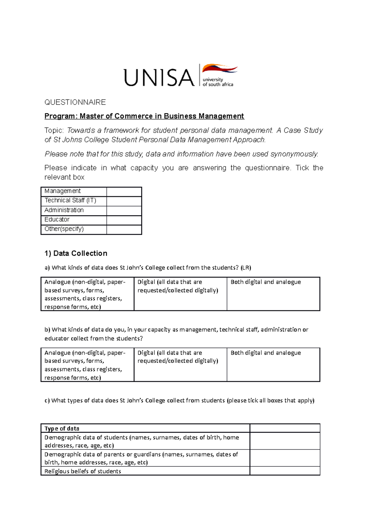 Questionnaire - QUESTIONNAIRE Program: Master of Commerce in Business ...
