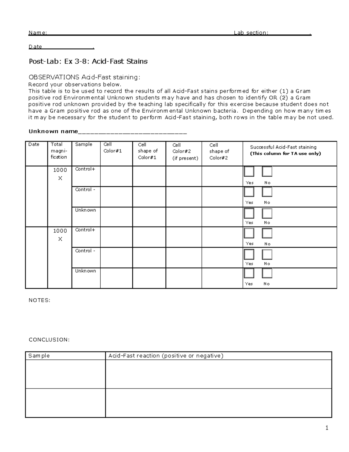 Post Lab Ex#3-8 - 1 Name: Lab section:. Date. Post-Lab: Ex 3-8: Acid ...