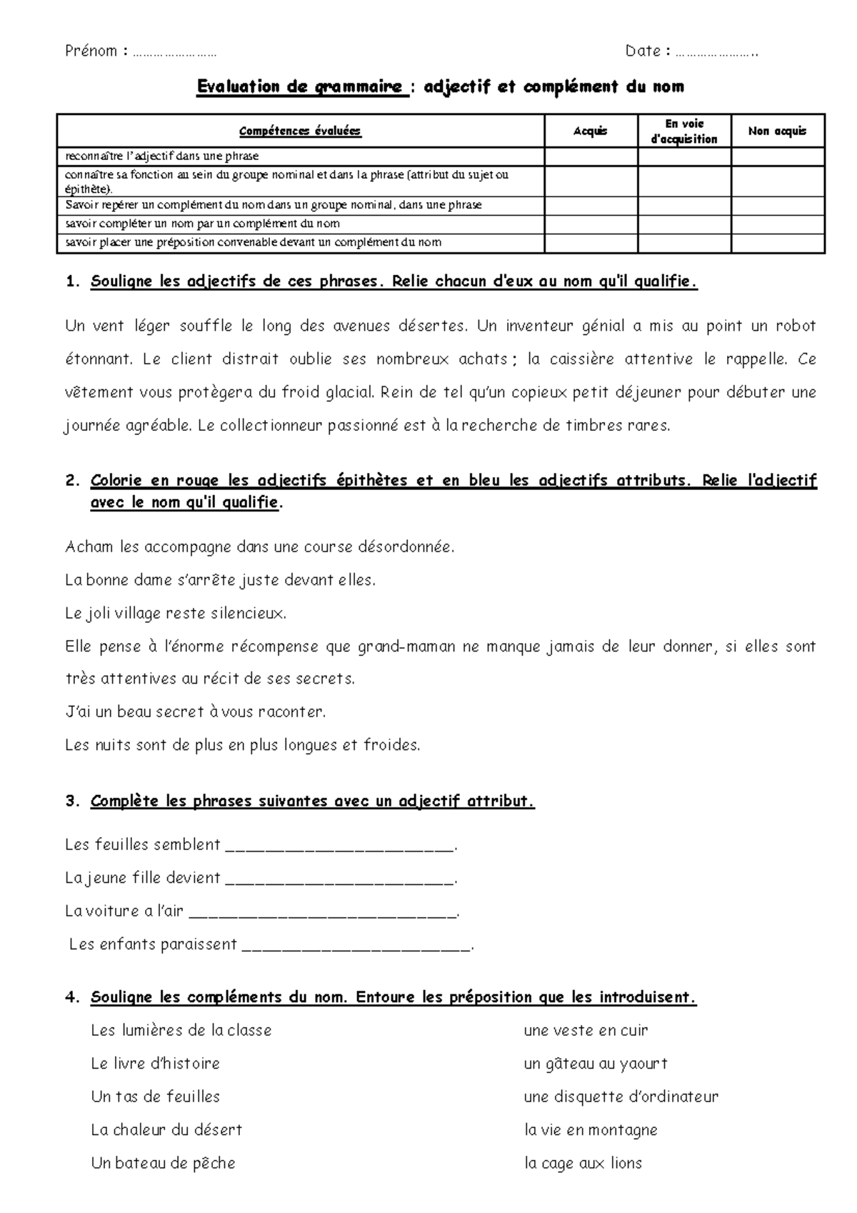 Adjectif et complément du nom cm2 - Prénom ...