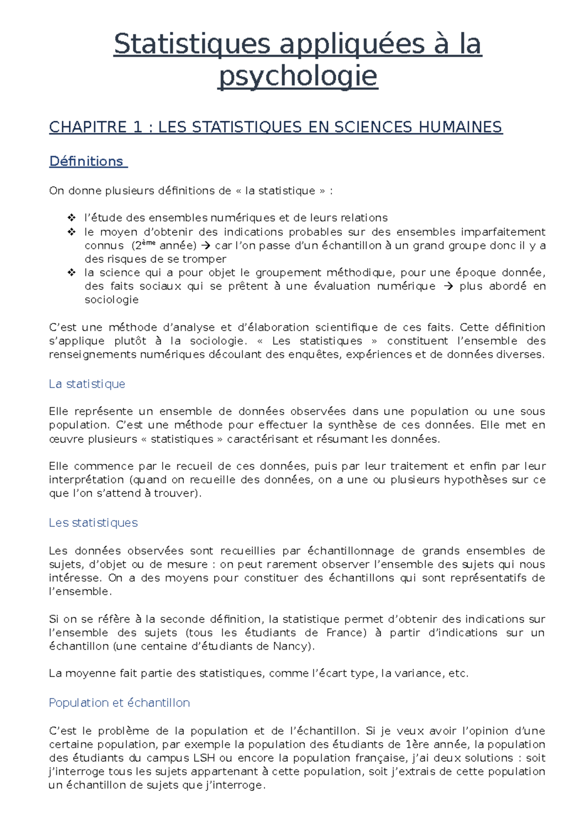 Chapitre 1 stats - Statistiques appliquées à la psychologie CHAPITRE 1 : LES STATISTIQUES EN ...