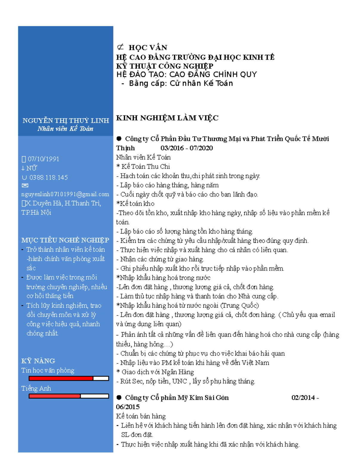 CV TRẦN THỊ THU HIỀN - Cv is not things - HỌC VẤN HỆ CAO ĐẲNG TRƯỜNG ...