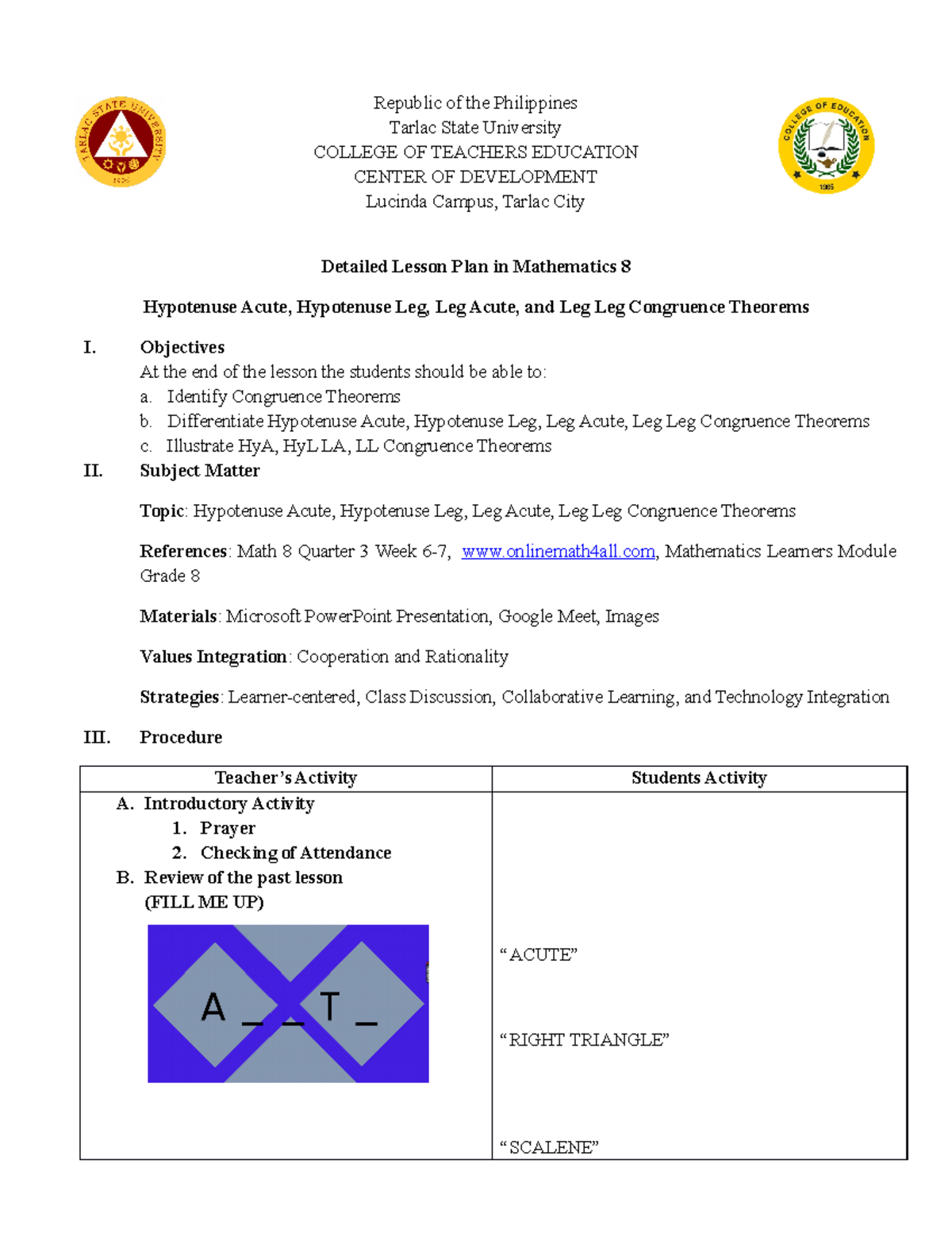 Detailed Lesson Plan - Hy A, Hy L LA and LL Congruence Theorems ...