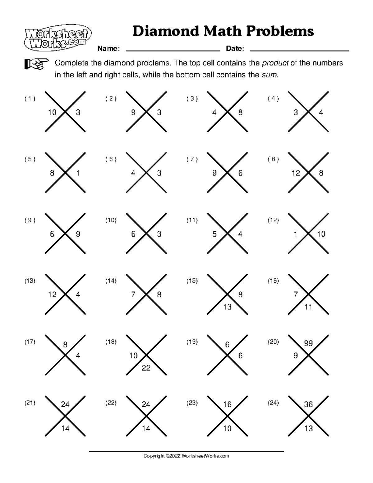 Worksheet Works Diamond Math Problems 1 V Complete The Diamond