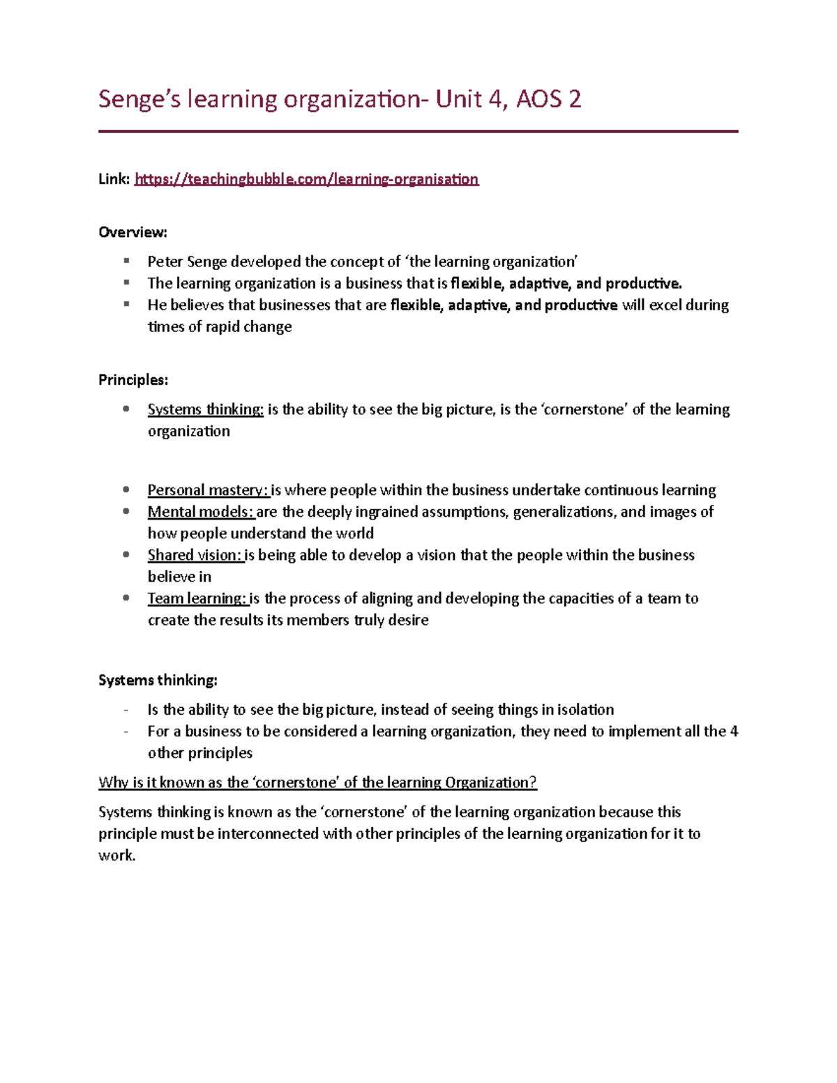 Senge's learning organisation - Senge’s learning organization- Unit 4 ...