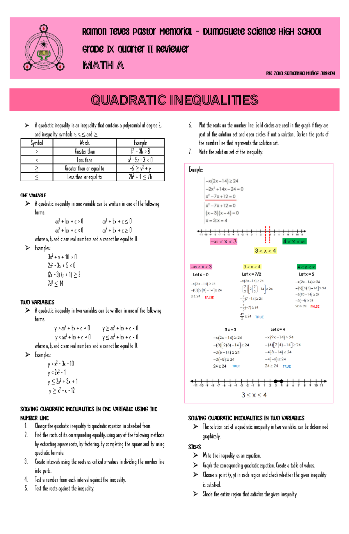 Q2 Math A Quadratic Inequalities Notes - QUADRATIC INEQUALITIES Ramon ...