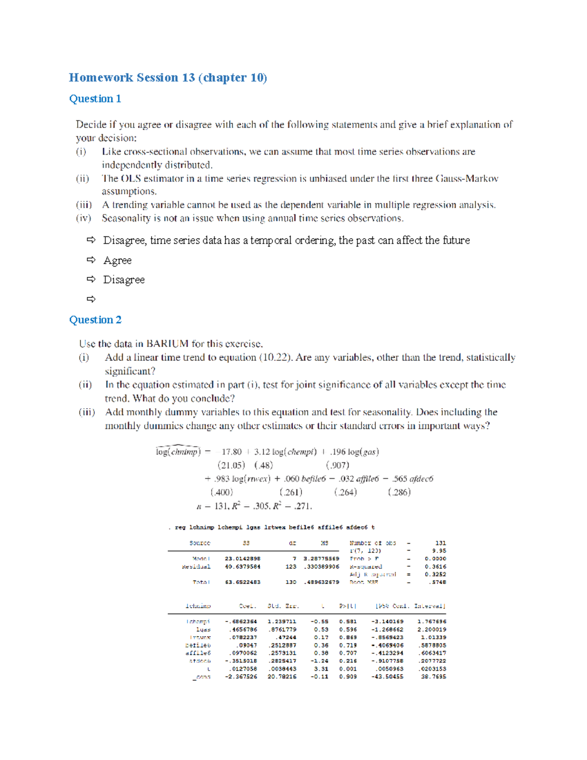 13. Homework Session 13 (ch10) - Homework Session 13 (chapter 10) Question 1 Disagree, time ...