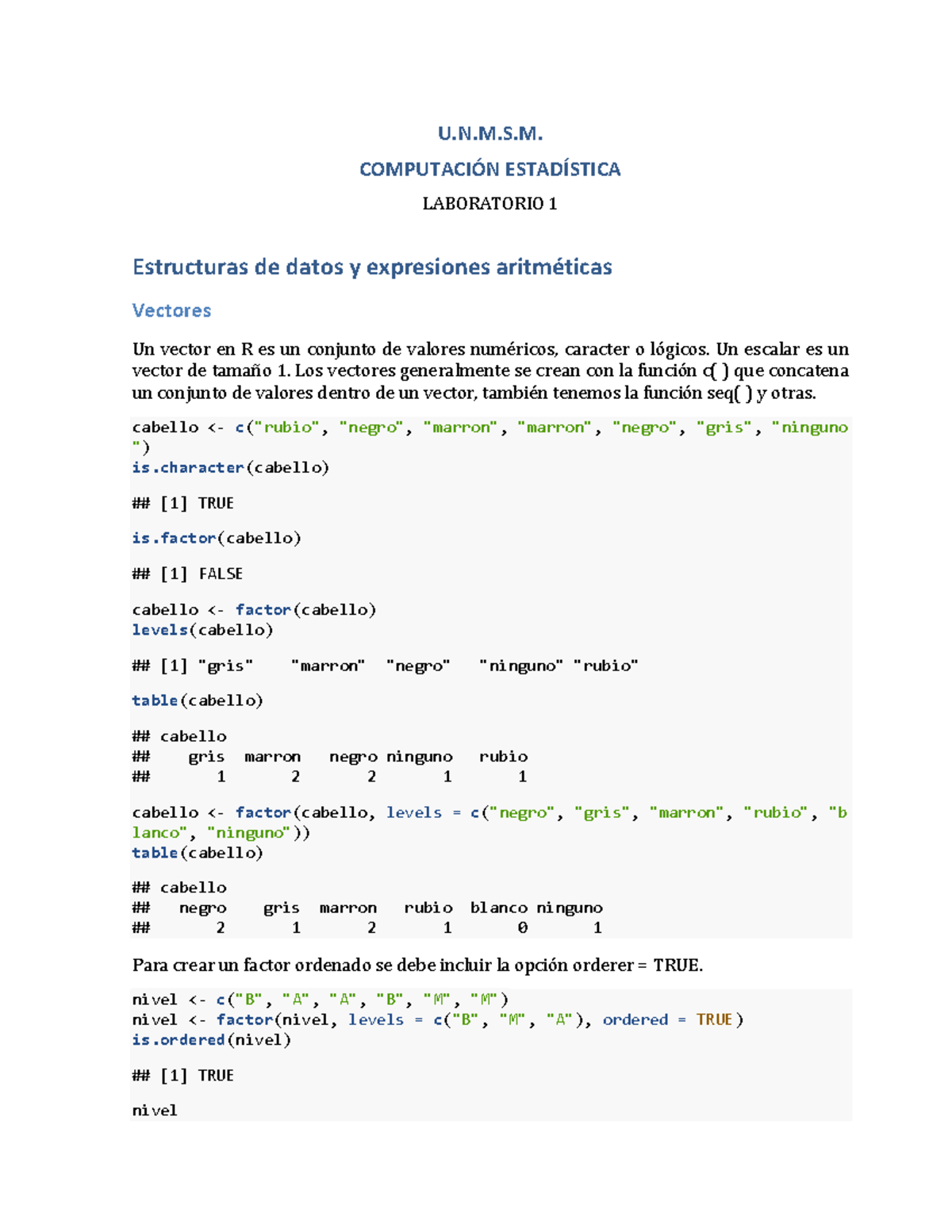 Laboratorio 1- Estructura DE Datos Y Expresiones Aritméticas - U.N.M.S. COMPUTACI”N ESTADÕSTICA ...