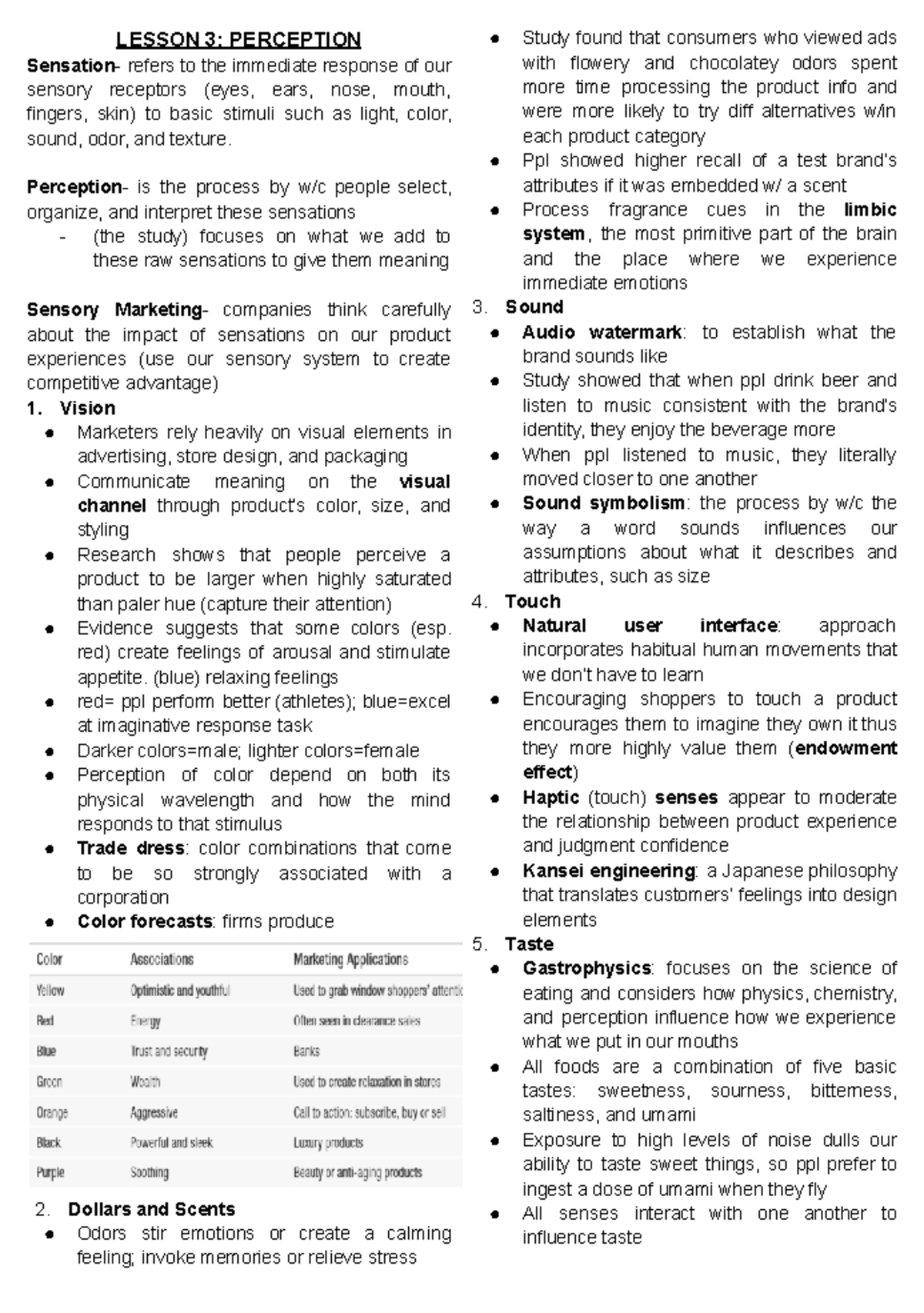 Marketing Psych Notes - LESSON 3: PERCEPTION Sensation- refers to the ...